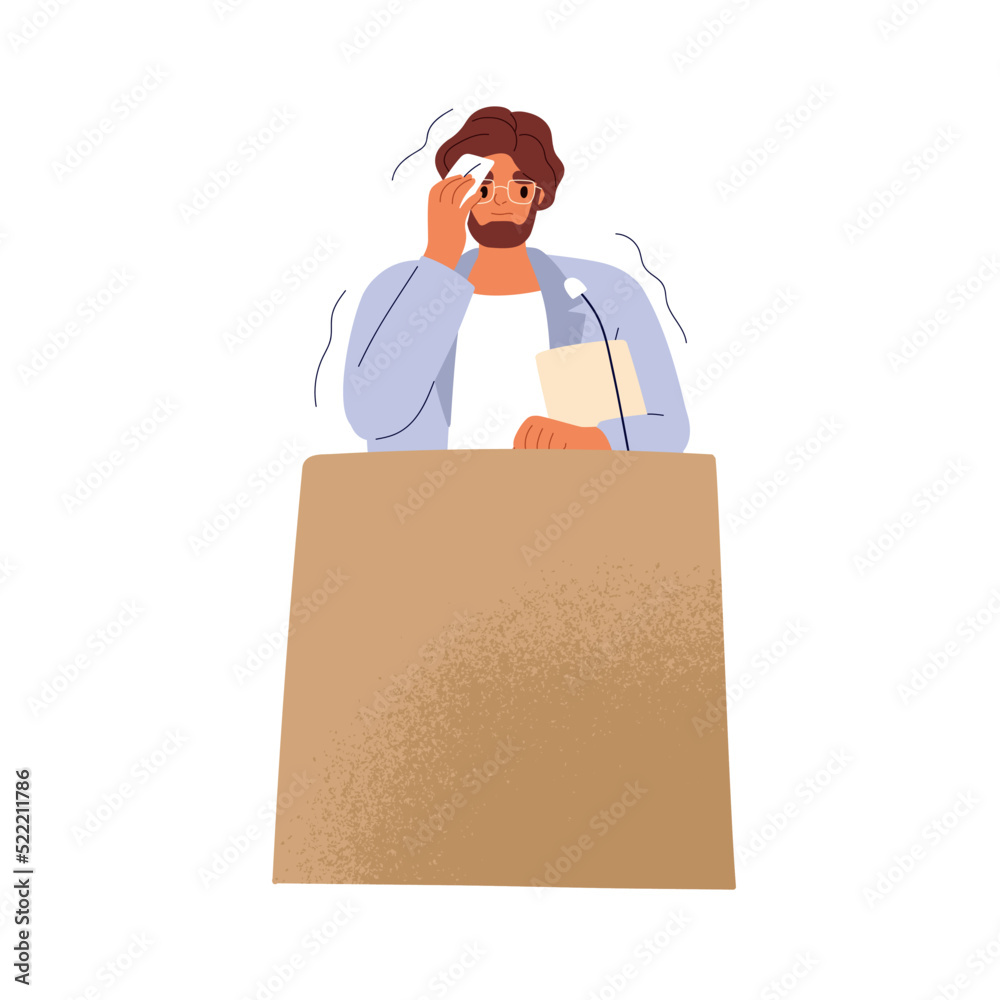 Fear, phobia of public speech. Shy speaker wiping sweat from face ...