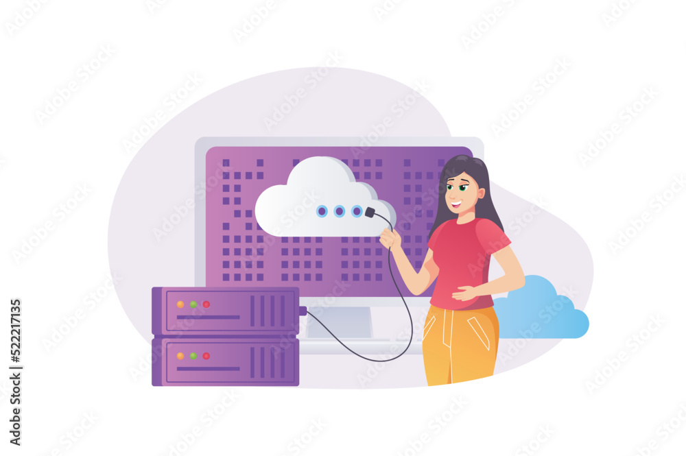 Cloud computing concept in flat style with people scene. Happy woman working with cloud service ...