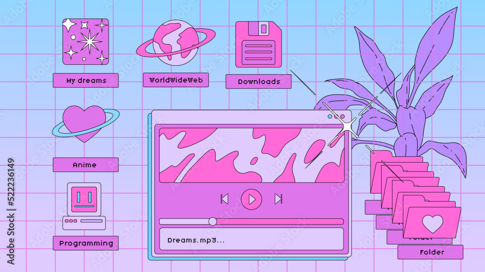 Vaporwave retro desktop with user interface elements. Modern anime ...