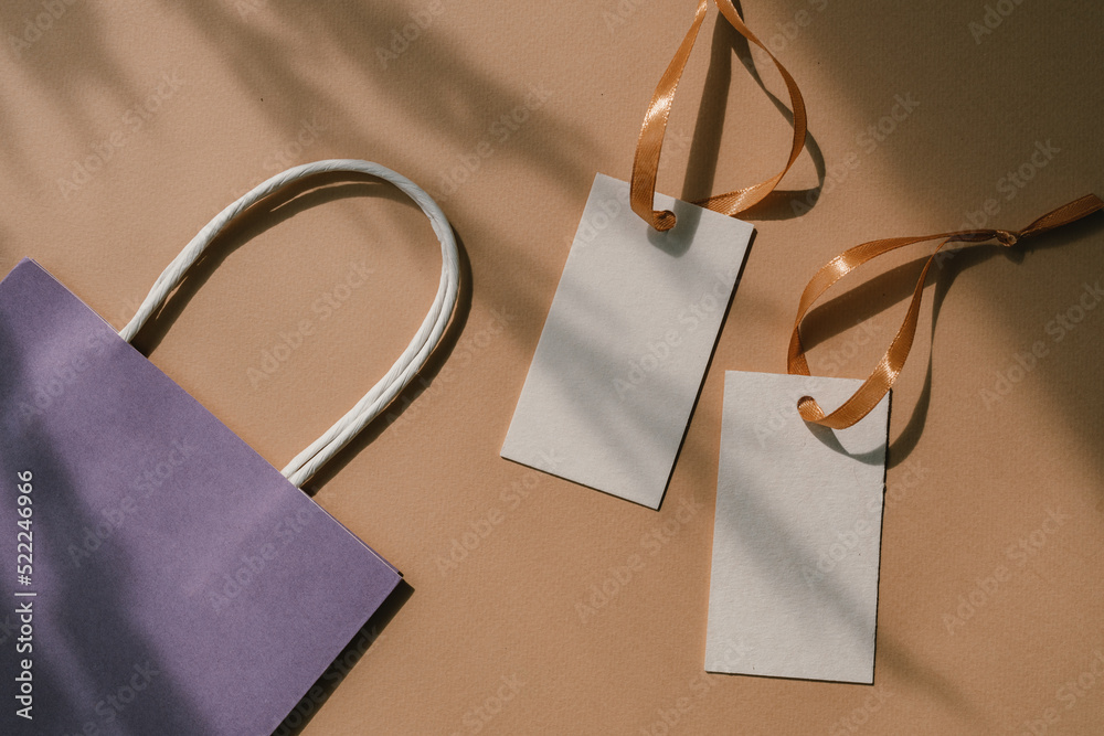 Clothing hang tags with space for brand logo, craft paper bag. Overlay ...