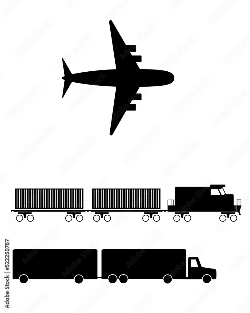 Transport icons. Airplane, Train and auto signs. Shipping delivery ...