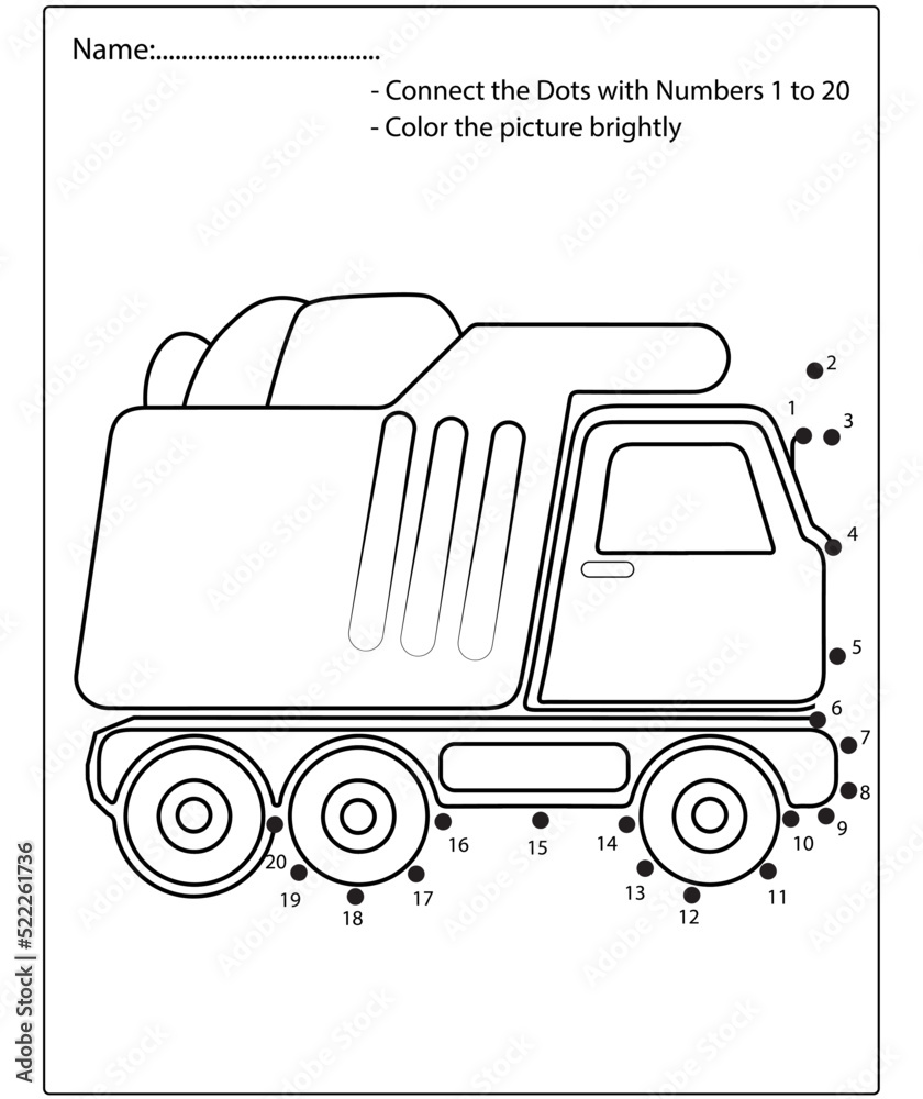 Dot to dot kids puzzle worksheet cartoon drawing construction vehicle ...