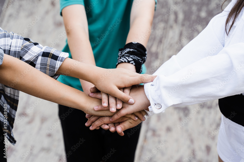 Stack of children hands close-up. Concept of friendship sports support ...