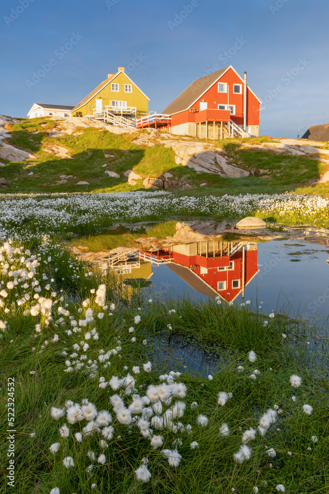 Greenland view of colorful houses in Ilulissat City and icefjord ...