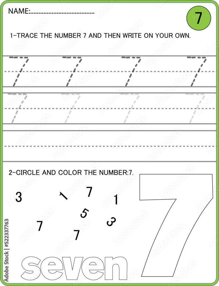 Tracing numbers activity. Trace the number 7 Educational children game ...