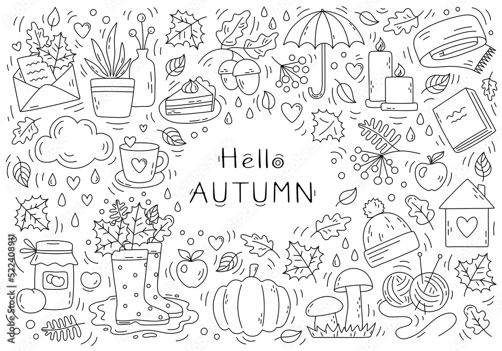 Hello Autumn - Vector Doodle Set. Cute sketch with umbrella, rain ...