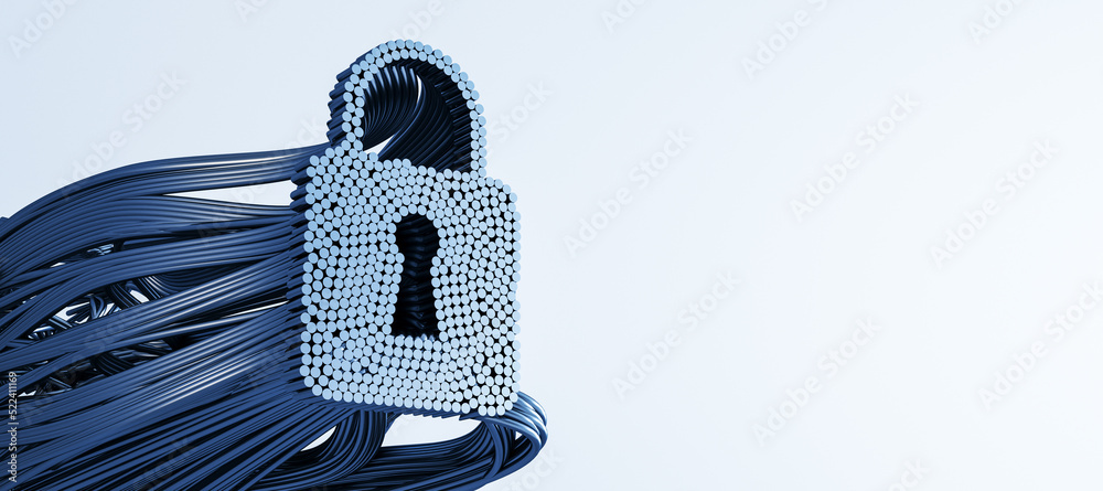 Abstract blue cable art padlock on wide white background with mock up ...