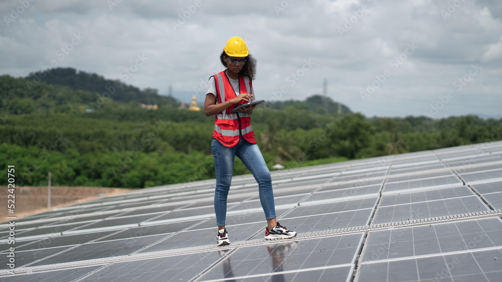 Construction workers clean solar panels for energy.Renewable Energy ...