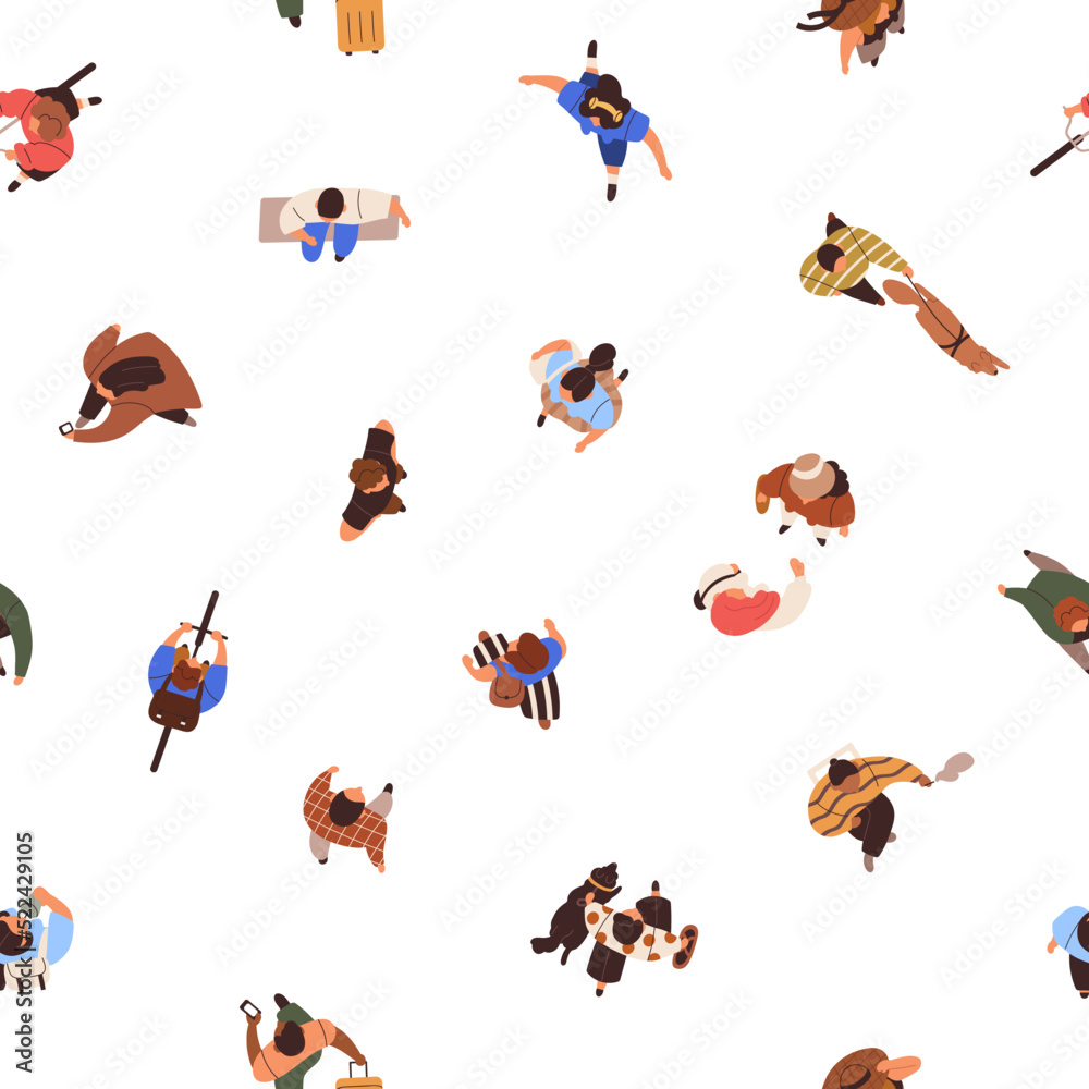 Seamless pattern of people walking top above view. Background with city ...