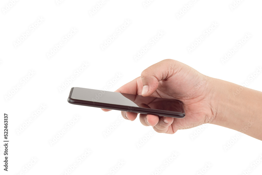 Man hand using thumb touching smartphone screen on transparent ...
