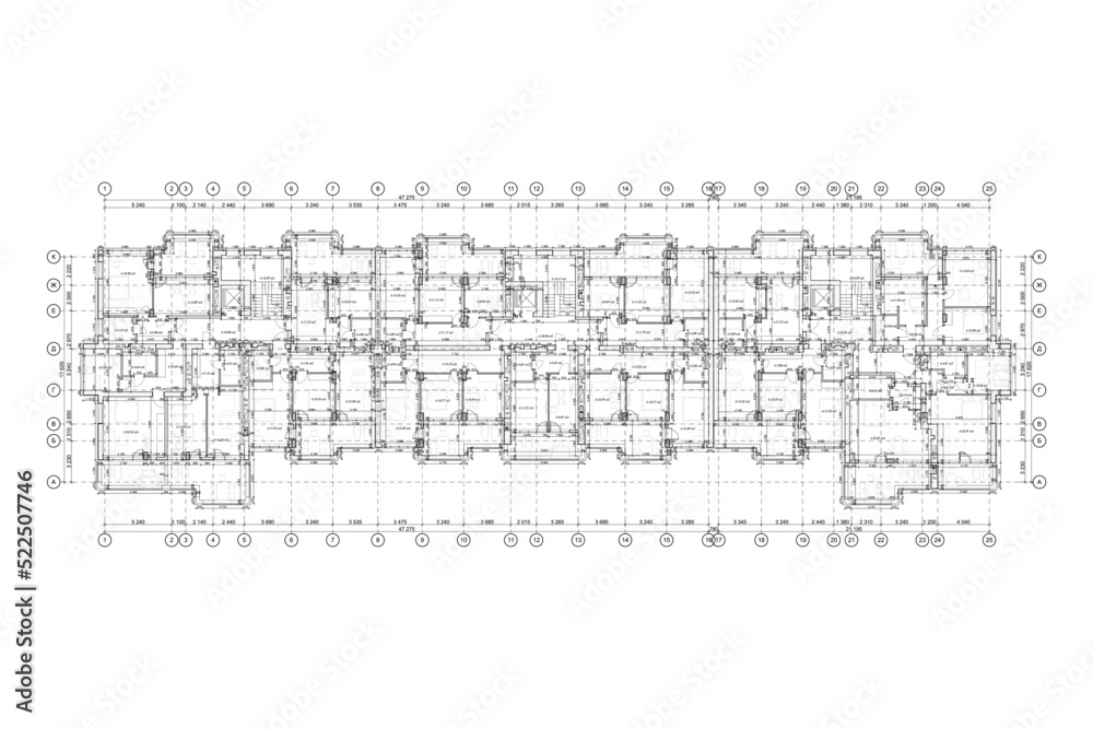 Multistory building detailed architectural technical drawing, vector ...
