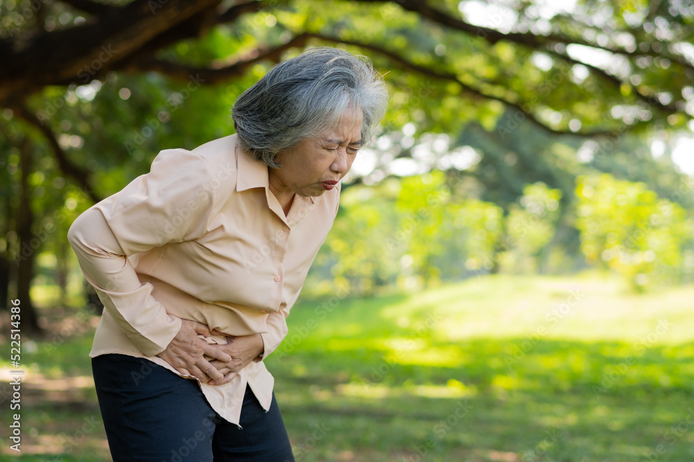 Sick Asian senior woman stomachache or Gastroenterologists, elderly ...