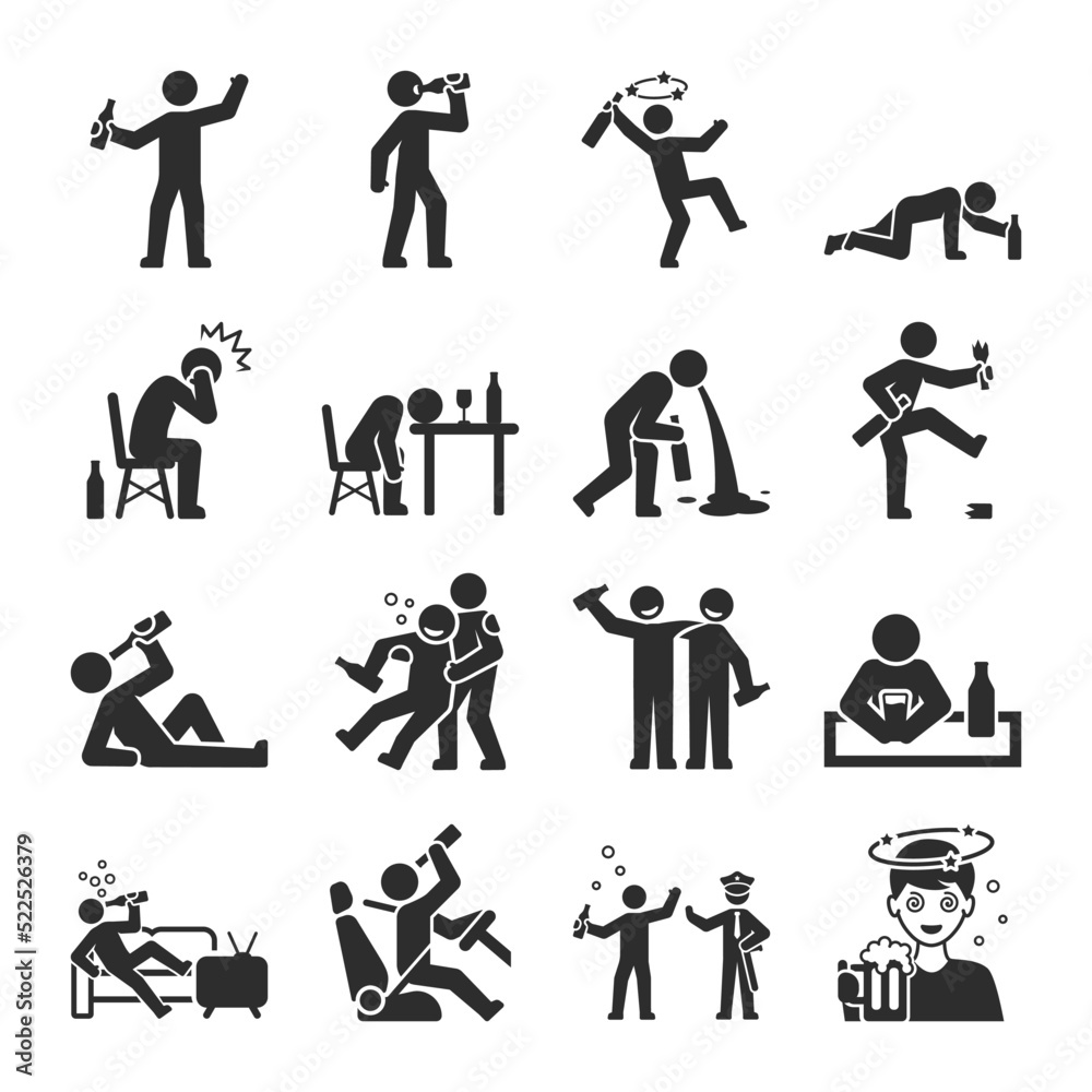Human drinks alcohol, people icons set. Excessive consumption of ...