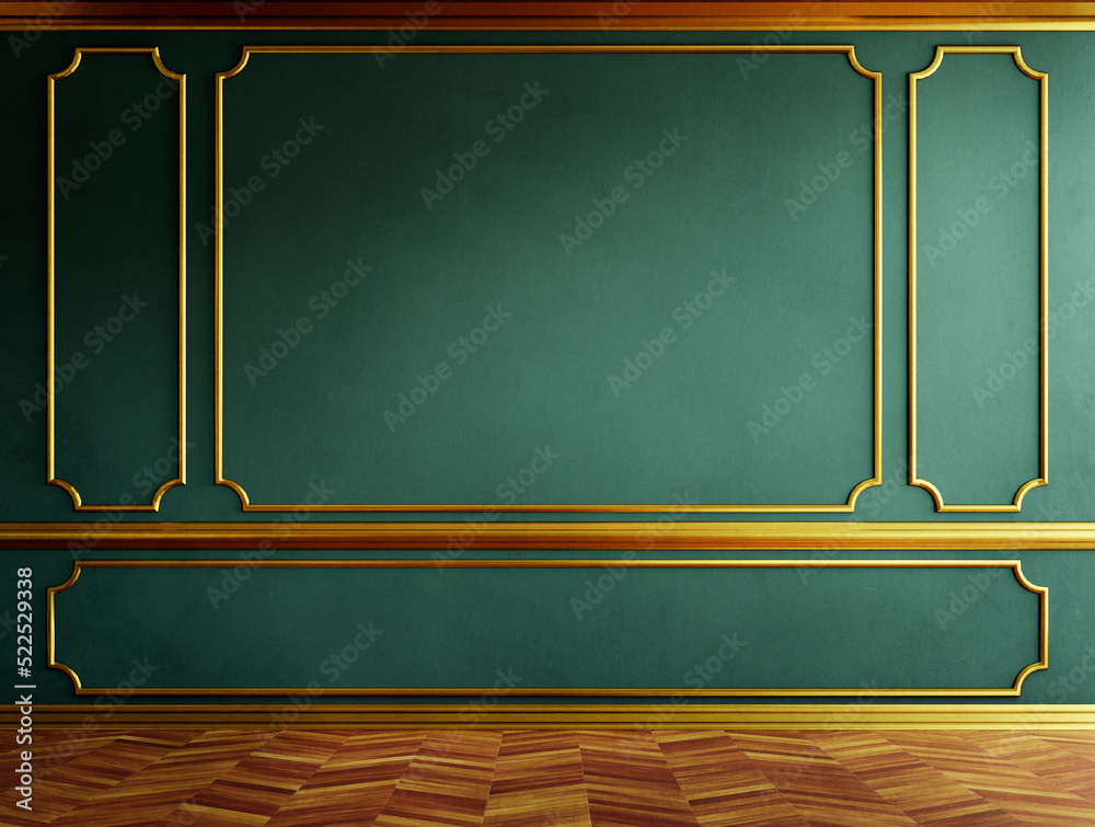 Luxury room interior with golden molding decor and blue wall in vintage ...