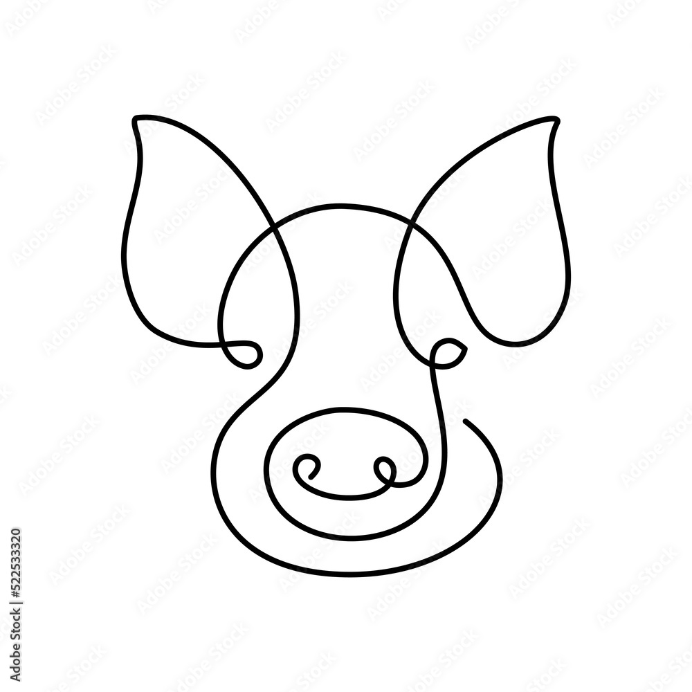 Pig head in continuous line art drawing style. Pig front portrait ...