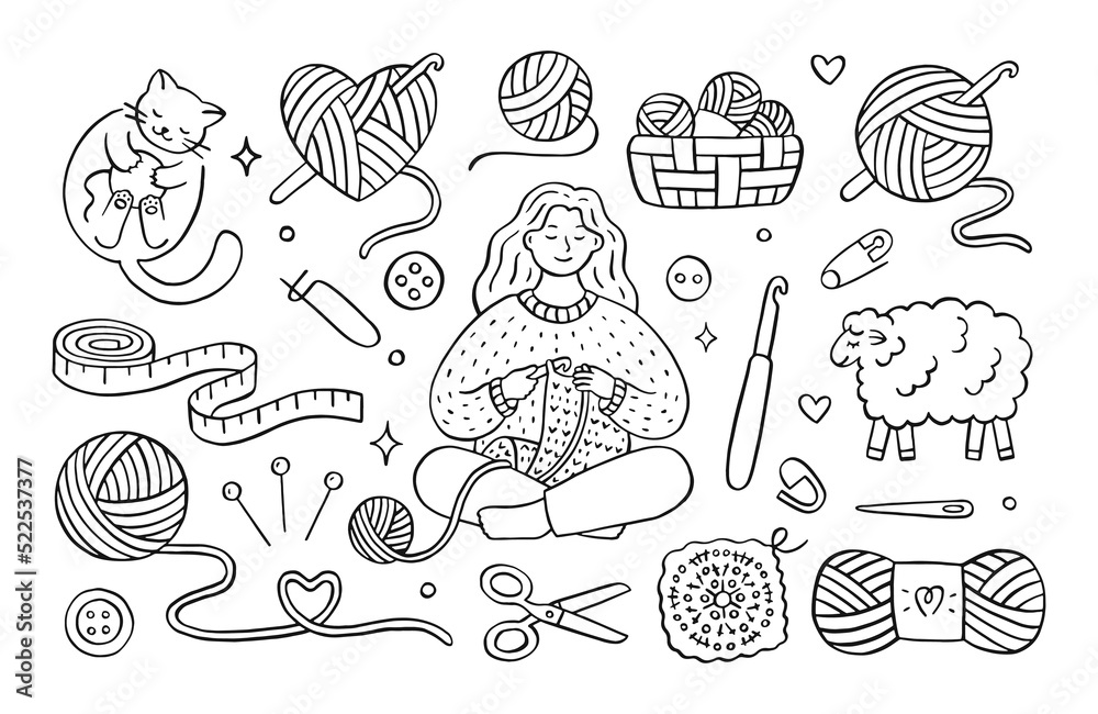 Crochet doodle illustration of girl knitting clothes, cat playing with ...