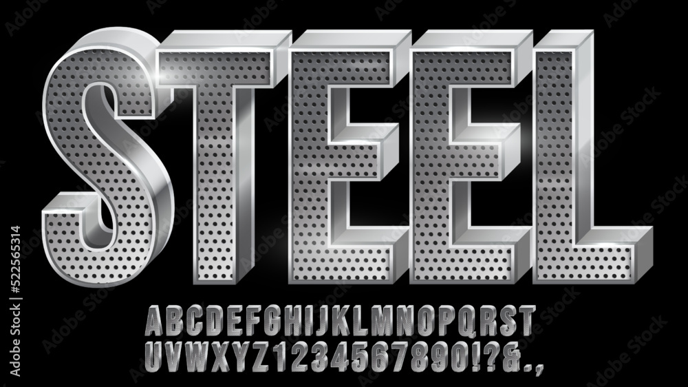 Perforated steel font. Metal typeface, metallic letter and chrome ...