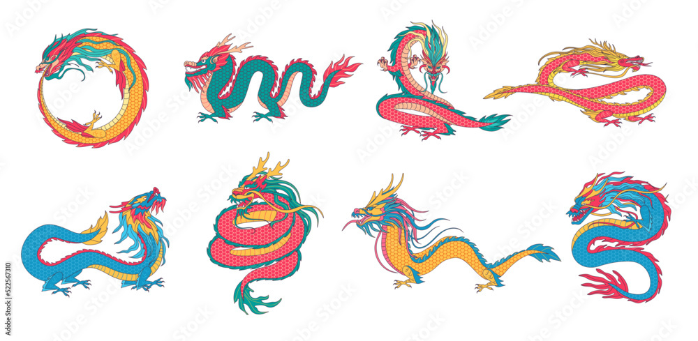 Vector de Stock Asian dragons. Chinese mythological creatures, ancient ...