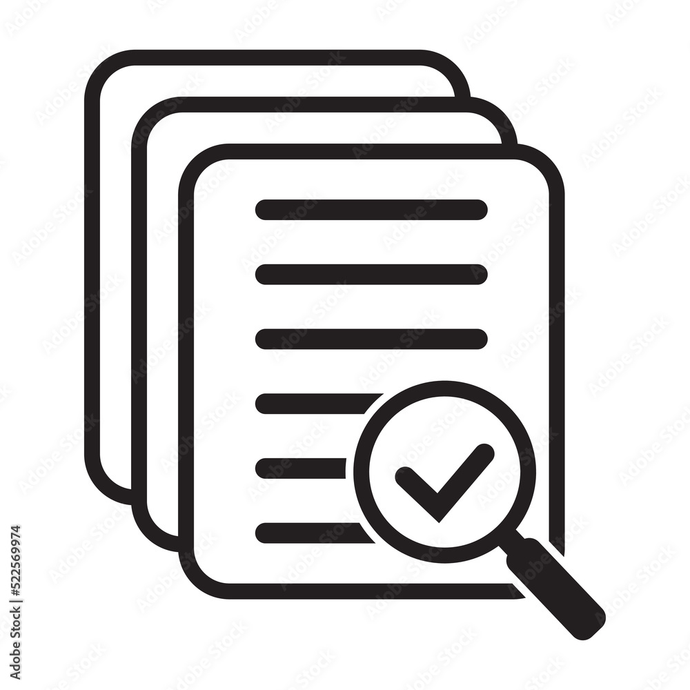 Magnifying glass check document icon. Papers with business report and ...