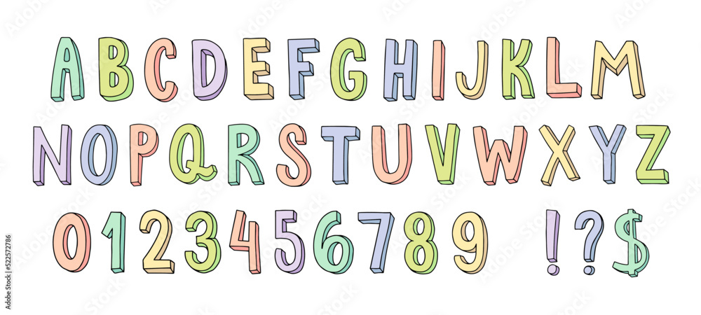 Hand drawn font. Cute doodle font with colorful letters and cartoon ...