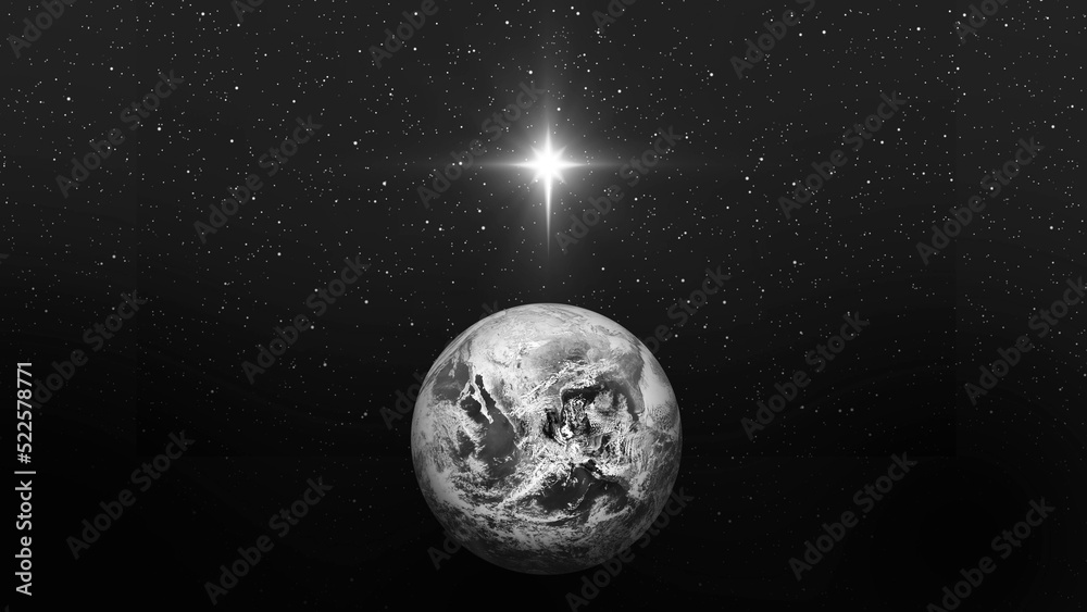 Bright star over planet earth. Christmas star of the Nativity of ...