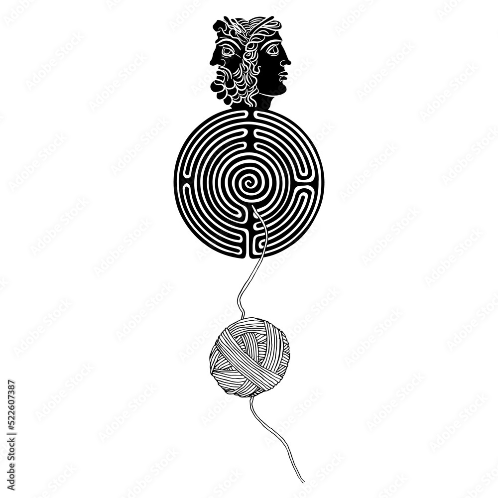 Vector de Stock Janus head on top of a round spiral maze or labyrinth ...