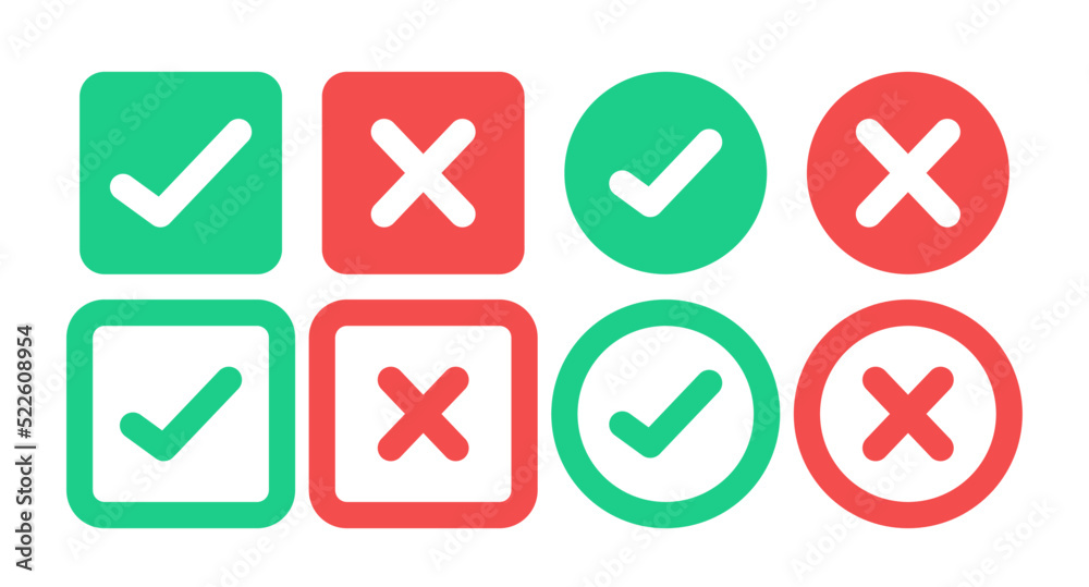 Check mark symbols. Green tick and red cross icon. Square check marks. Rounded checkmark symbols ...