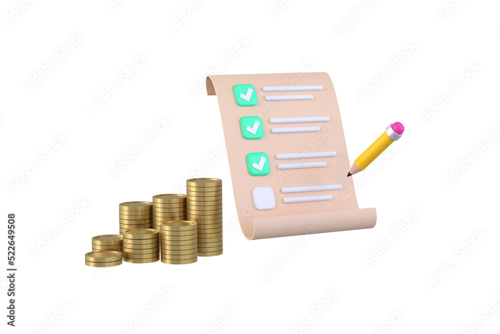 check list, check mark, pile money coins isolated. Stock Illustration ...