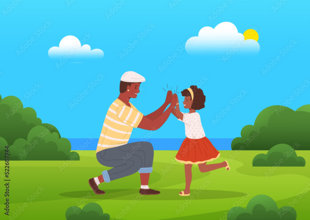 Family walks in park or square. Father and child clap their hands ...
