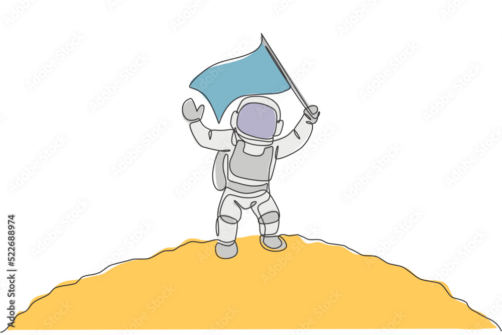 Single continuous line drawing science astronaut in moon surface waving ...