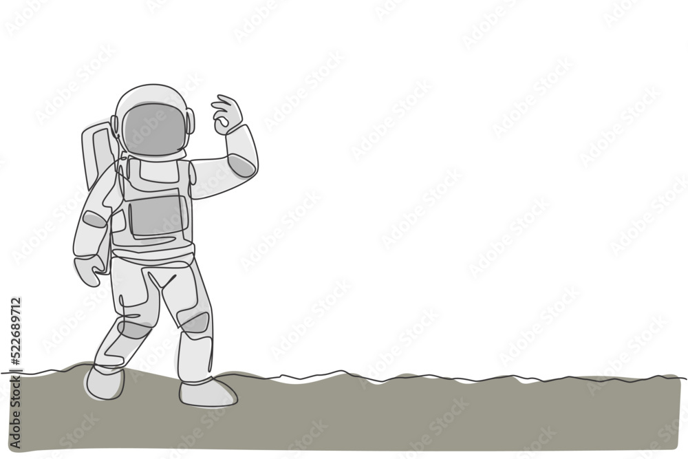 One single line drawing cosmonaut make okay gesture with his fingers in ...