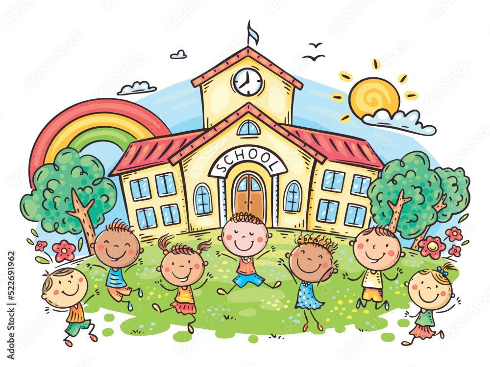 Happy cartoon children playing in front of school building, back to ...