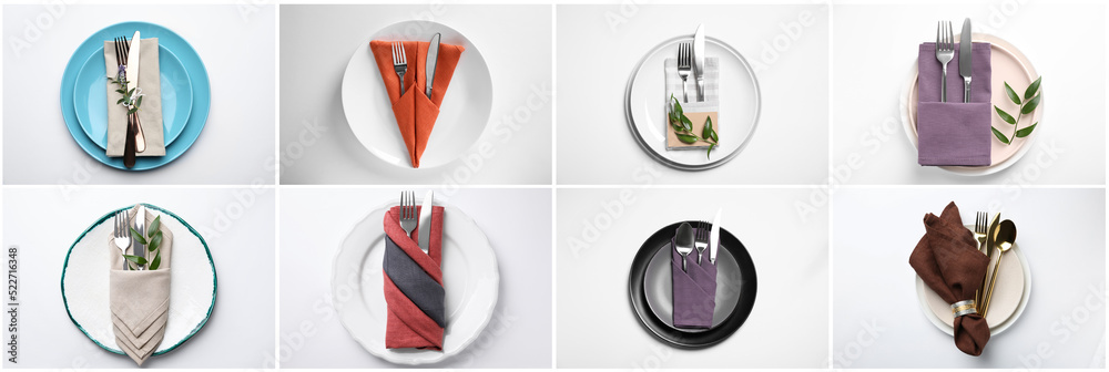 Set with examples of different beautiful table settings on white ...