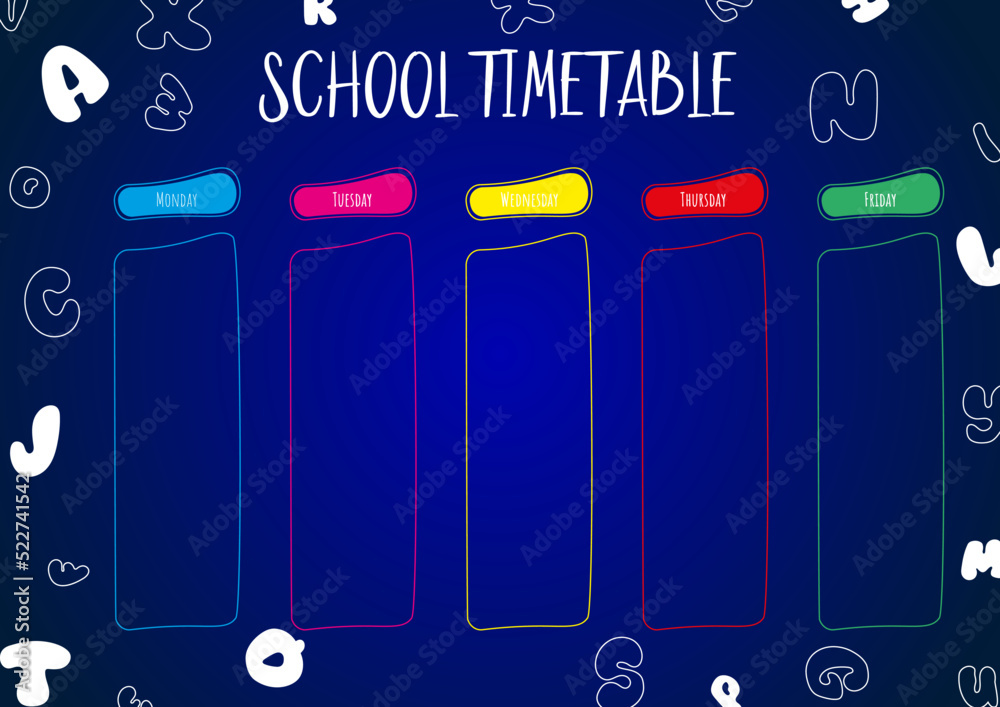 School timetable template for kids with days of the week and alphabet ...