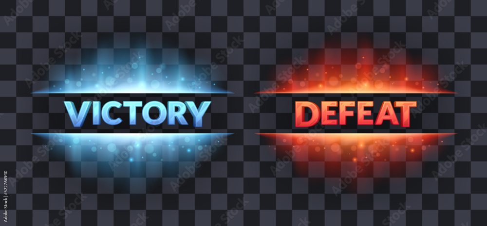 Victory defeat game screens on a transparent background. Game ending UI ...