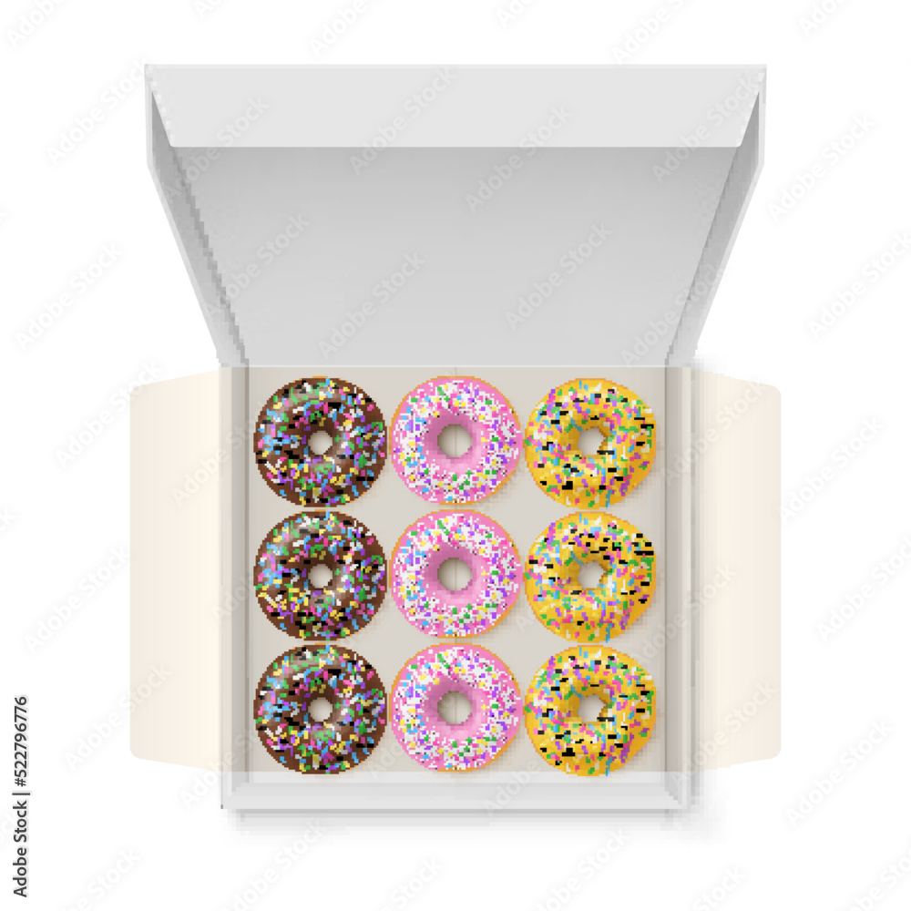Donut open cardboard box top view realistic vector illustration ...