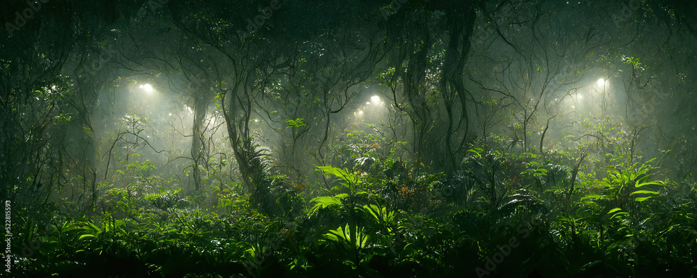 night landscape of the jungle at night under the light of lamps ...