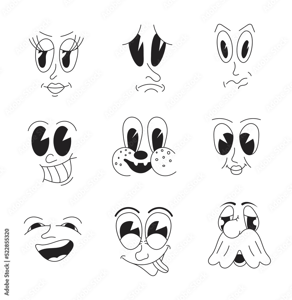 Mascot characters set vector in retro 30s cartoon style. Cute, funny ...
