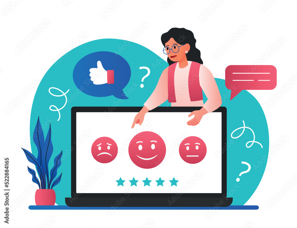 Stock-Vektorgrafik „Customer survey concept. Young girl shares her ...