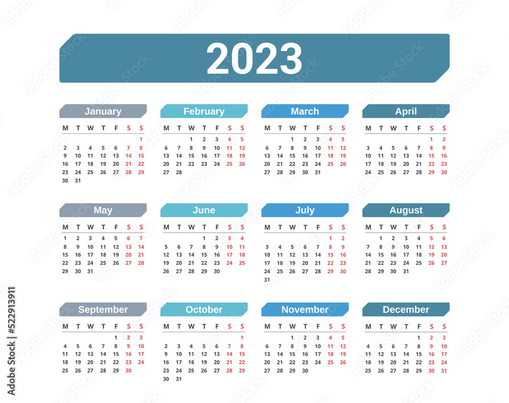2023 Calendar, week starts on Monday Stock Vector | Adobe Stock