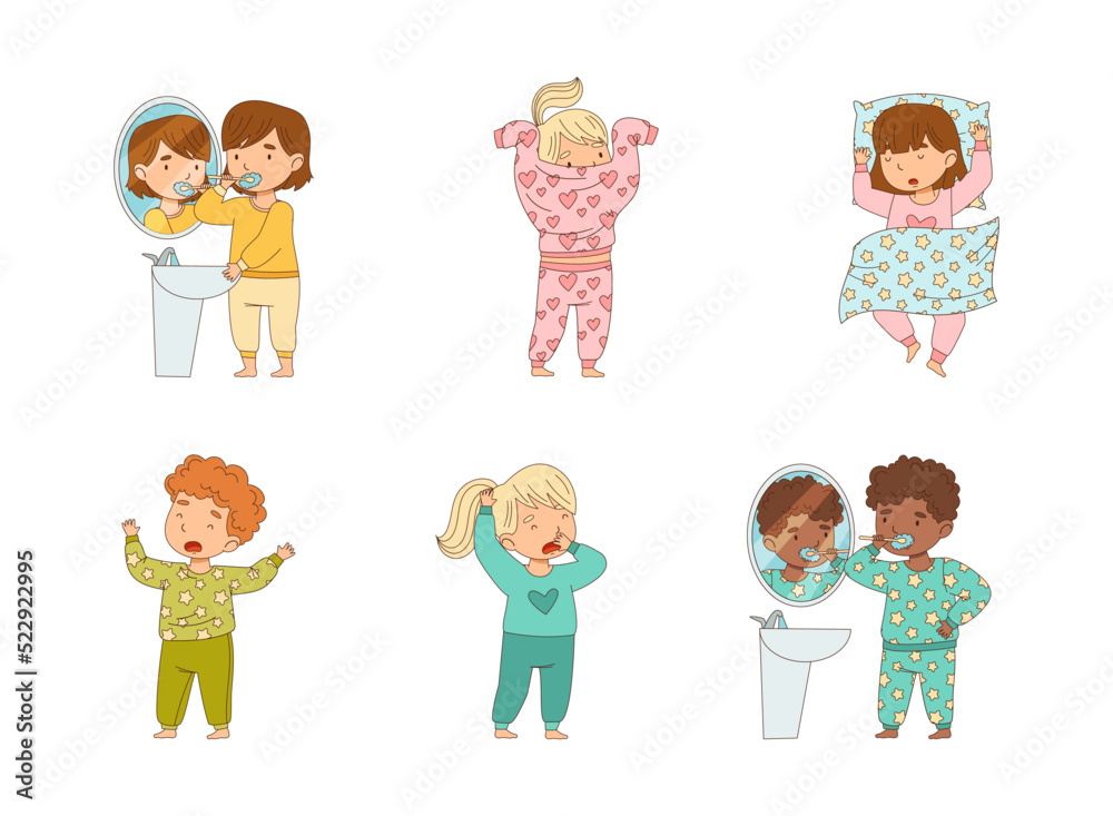 Sleepy Little Boy and Girl Wearing Pajamas Yawning and Brushing Teeth ...