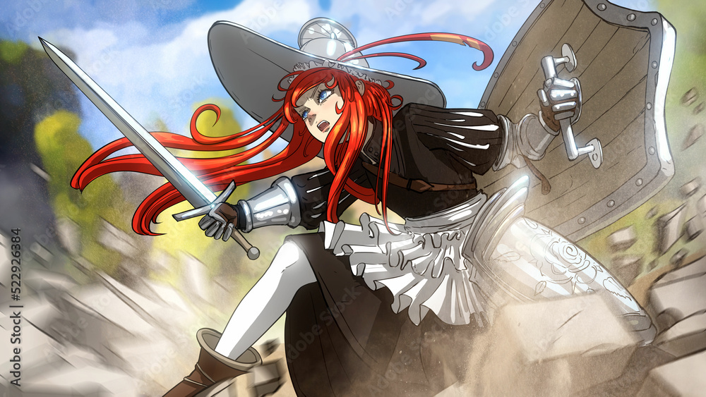 Ilustración de Stock A furious anime girl screams in the heat of battle ...