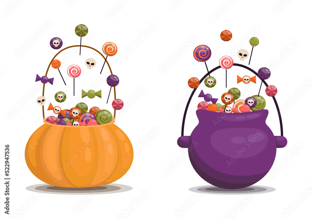 Trick or treat party bucket full of candy (bag, cauldron, pumpkin). Set ...