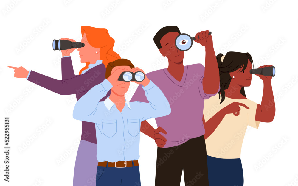 People look through binoculars and magnifying glass far ahead vector ...