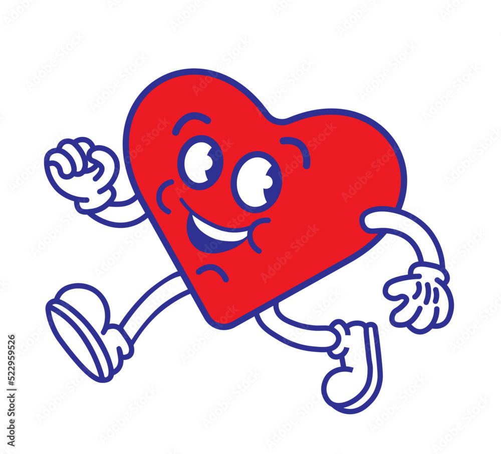 vintage cartoon vector mascot of a running red heart, comic character ...