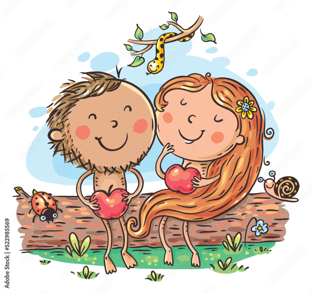 Cartoon vector of Adam and Eve with apples in paradise. Bible story ...
