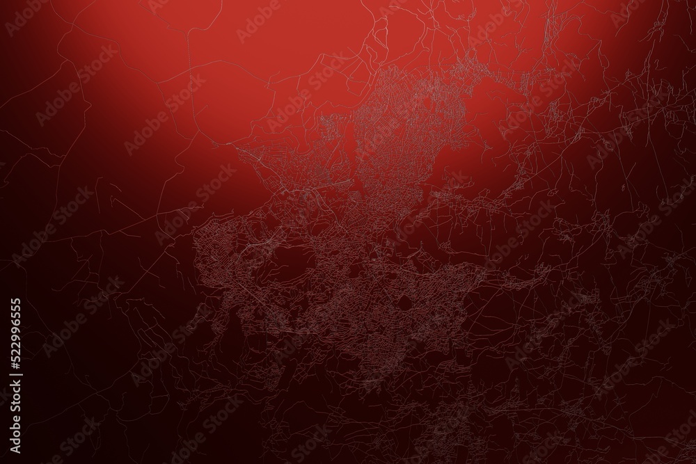 Street map of Maseru (Lesotho) engraved on red metal background. Light ...