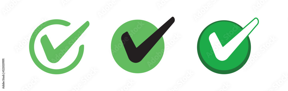 Check mark icons. Green checklist tick symbol. Approved and positive ...