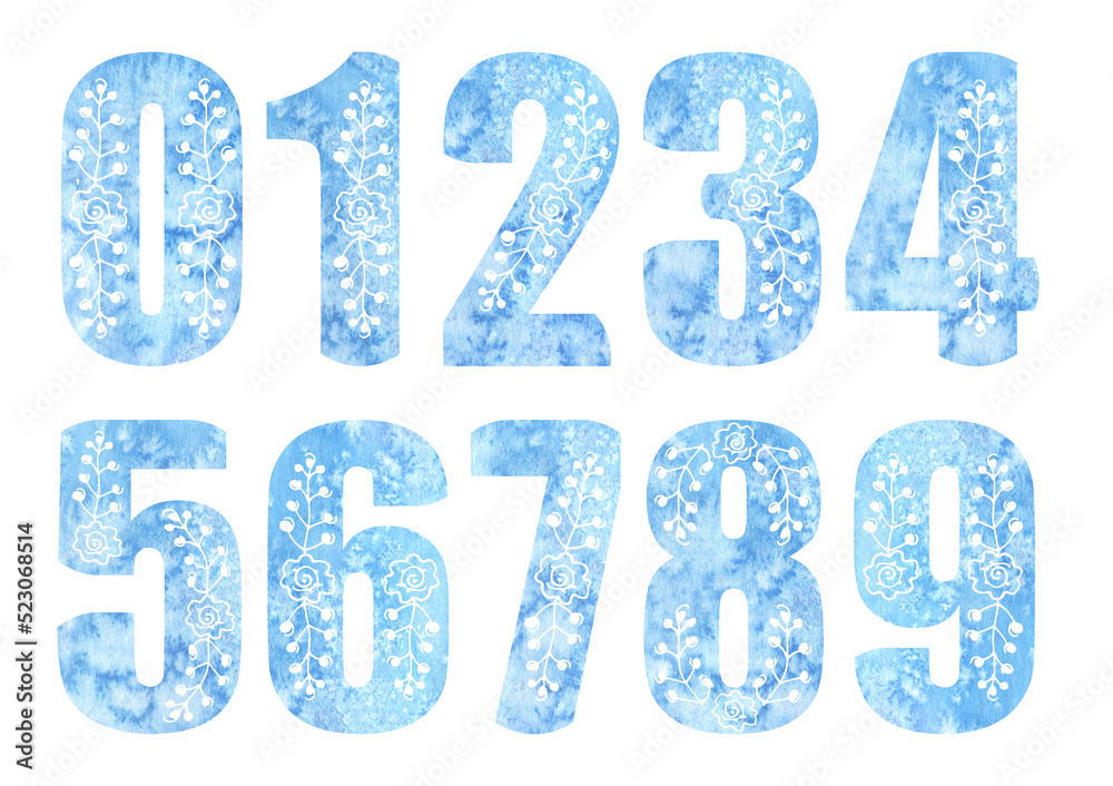 watercolor alphabet and numbers. Blue letters and numbers with white ...