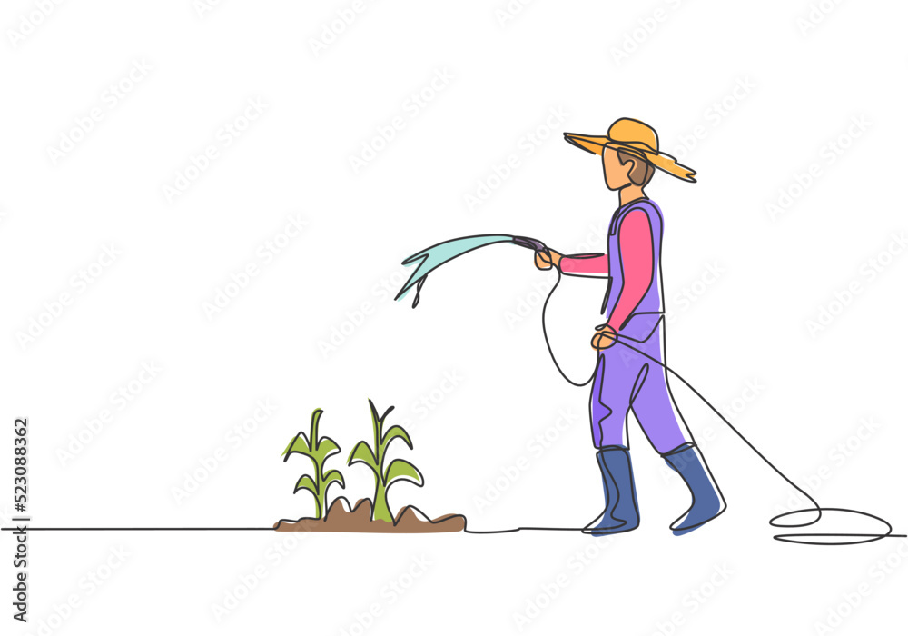 Single continuous line drawing young male farmer standing on farm field ...